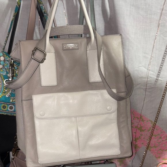 Fossil | Bags | Fossil Gray And Cream Leather Tote | Poshmark